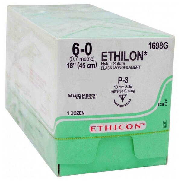 Ethicon Ethilon Nylon Suture 6-0, P-3 needle, 18in, Black Qty/bx, 12 ...