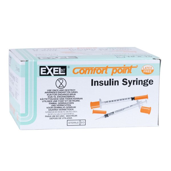 Exel Syringe & Needle, 1mL, Permanent Needle, 28G X 1/2", Insulin, 100 ...