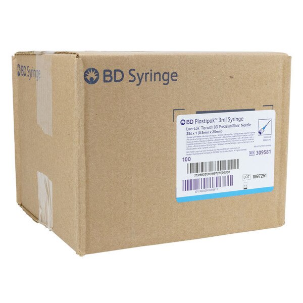 BD Hypodermic Syringes & Needles, 3mL, Luer Lok, 25G x 1-in., 100/Box ...