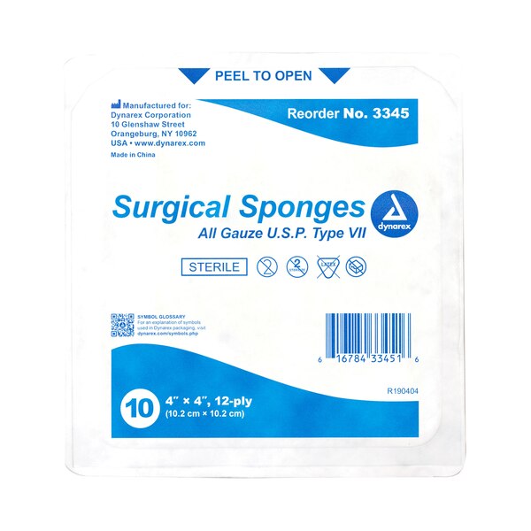 Dynarex Surgical Gauze Sponge - Sterile 10's, 4" x 4" 12 Ply, 1280/Case ...