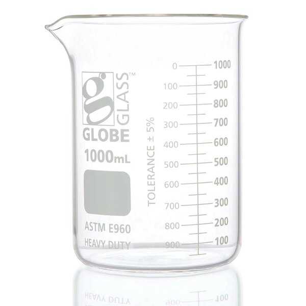 Globe Glass Beaker, 1000mL, Low Form Griffin Style, Heavy Duty, Dual Graduations, ASTM E960, 6 ...