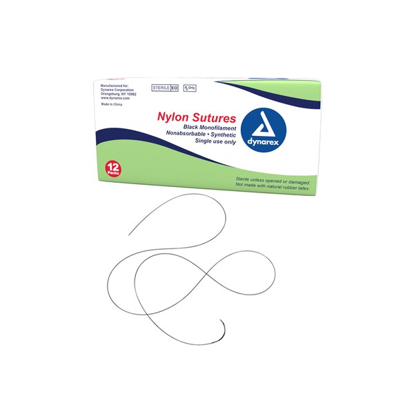 Dynarex Nylon Sutures, Non Absorbable, Synthetic, Black, 5-0, C6 Needle ...