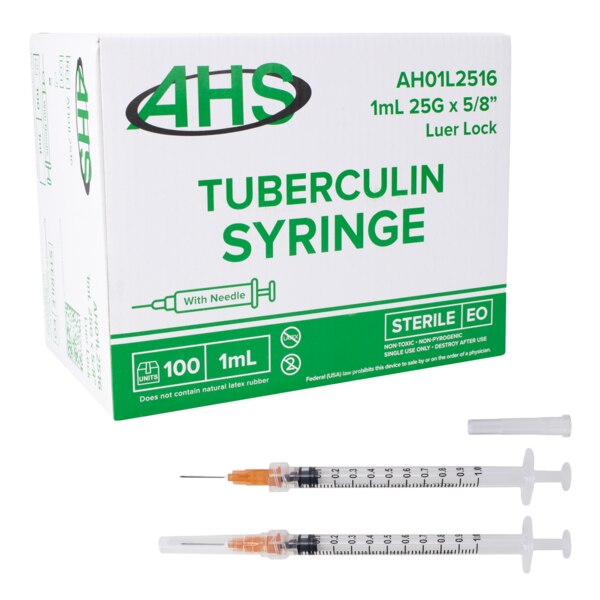 AHS Tuberculin Syringes & Needles, 1mL, 25 x 5/8 in, Luer Lock, 100/Box ...