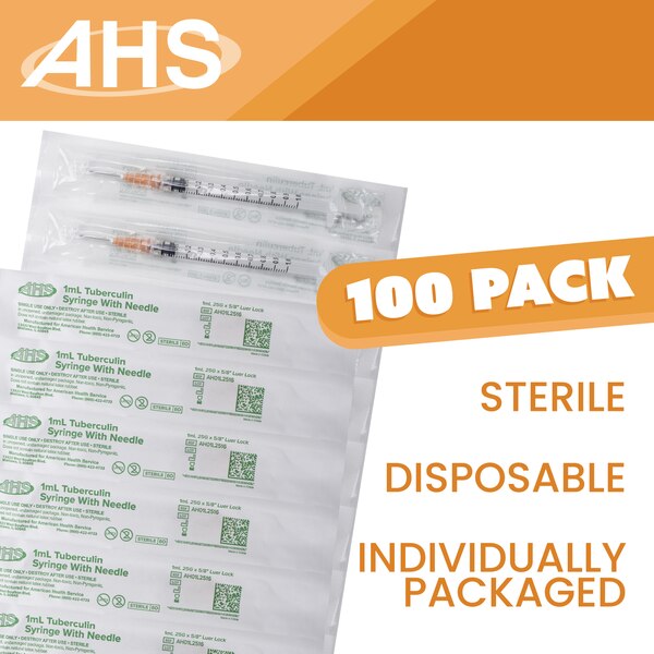 AHS Tuberculin Syringes & Needles, 1mL, 25 x 5/8 in, Luer Lock, 100/Box ...