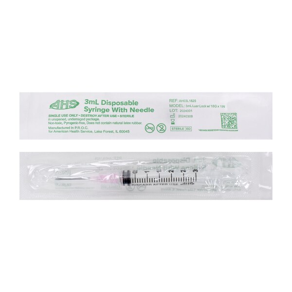 AHS Syringe & Needle, 3mL, Luer Lock, 18 X 1", Hypodermic, 1 each ...