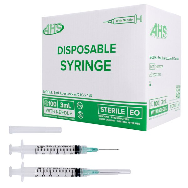 AHS Syringe & Needle, 3mL, Luer Lock, 21G X 1", Hypodermic, 100/BX ...