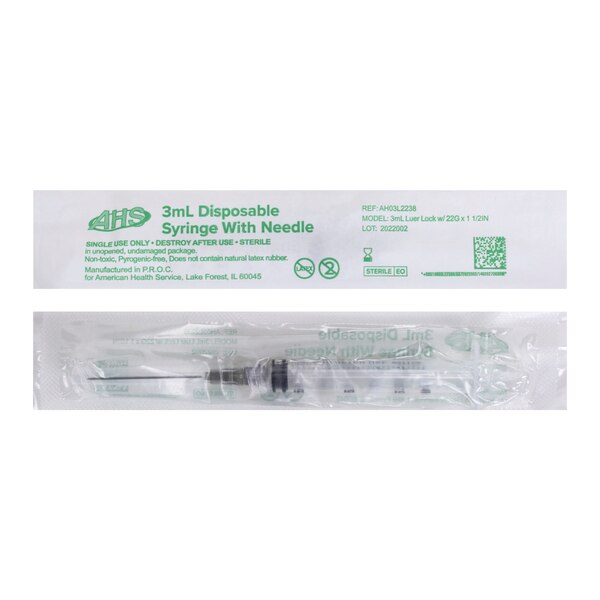 AHS Syringe & Needle, 3mL, Luer Lock, 22G X 1-1/2", Hypodermic, 100/BX ...