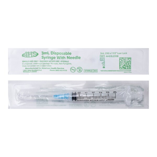AHS Syringe & Needle, 3mL Luer Lock, 23G x 1.5in, 100/Box, AH03L2338 ...