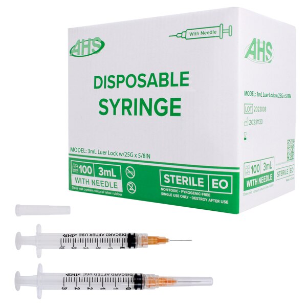 AHS Syringe & Needle, 3mL, Luer Lock, 25G X 5/8", Hypodermic, 100/BX, AH03L2516 | Med-Vet ...