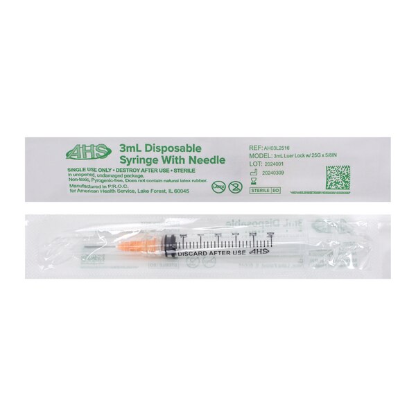 AHS Syringe & Needle, 3mL, Luer Lock, 25G X 5/8", Hypodermic, 100/BX, AH03L2516 | Med-Vet ...