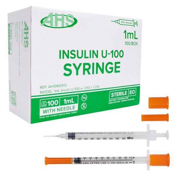 AHS Syringe & Needle, 1mL, Permanent Needle, 29G X 1/2", U-100, Insulin ...