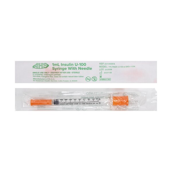 AHS Syringe & Needle, 1mL, Permanent Needle, 29G X 1/2", U-100, Insulin ...