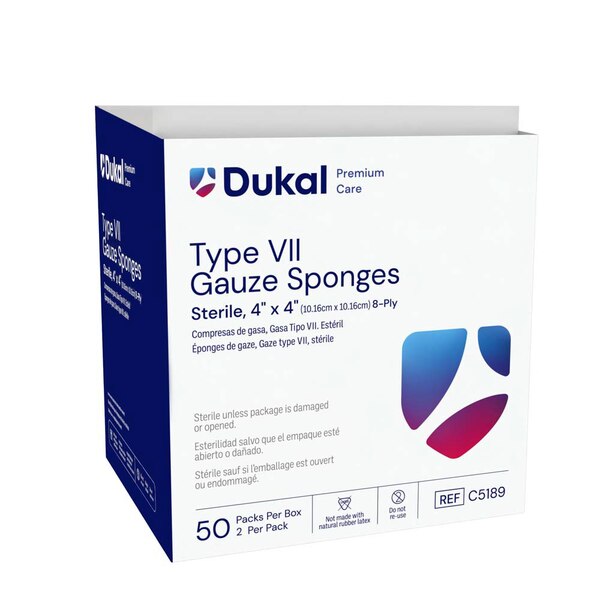 Sterile Type VII Gauze Sponges, 8-Ply, 4" x 4", 2/Pack, 50 Pack/Box, 12 ...