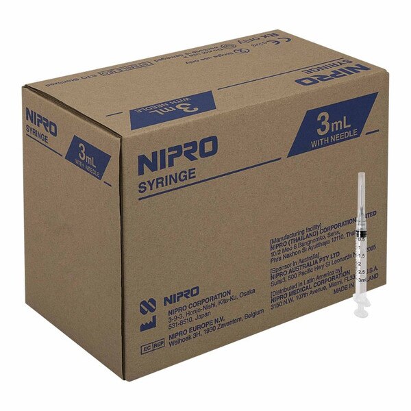 Nipro Syringe & Needle, 3mL, Luer Slip, 22G X 1", Hypodermic, 100/BX, JD+03S2225 | Shopmedvet.com