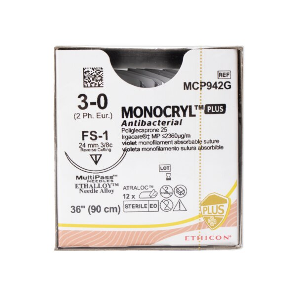 Ethicon Monocryl Plus Antibacterial Suture, Size 3-0, FS-1, 36In ...
