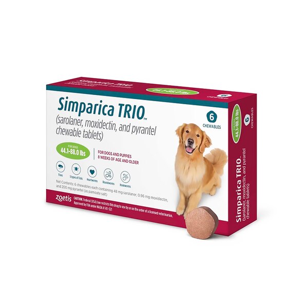 Simparica Trio Chewable Tablets for Dogs 44.1 to 88 Pounds, Green Label ...
