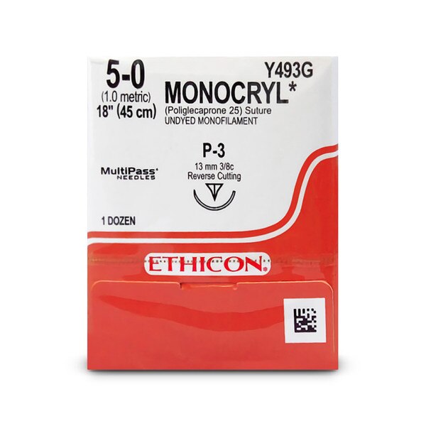 Ethicon Monocryl, 5-0 Poliglecaprone 25 Suture, 18in, P-3, Undyed, 12 ...